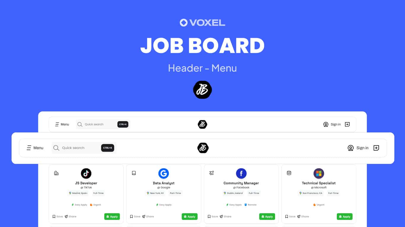 Voxel - Job Board 6 in 1 Pack - Includes: Home Page | Header | Footer | Archive | Preview Card ...